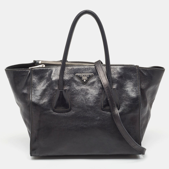 Prada | Bags | Prada Black Glazed Leather Twin Pocket Double Handle Tote | Poshmark